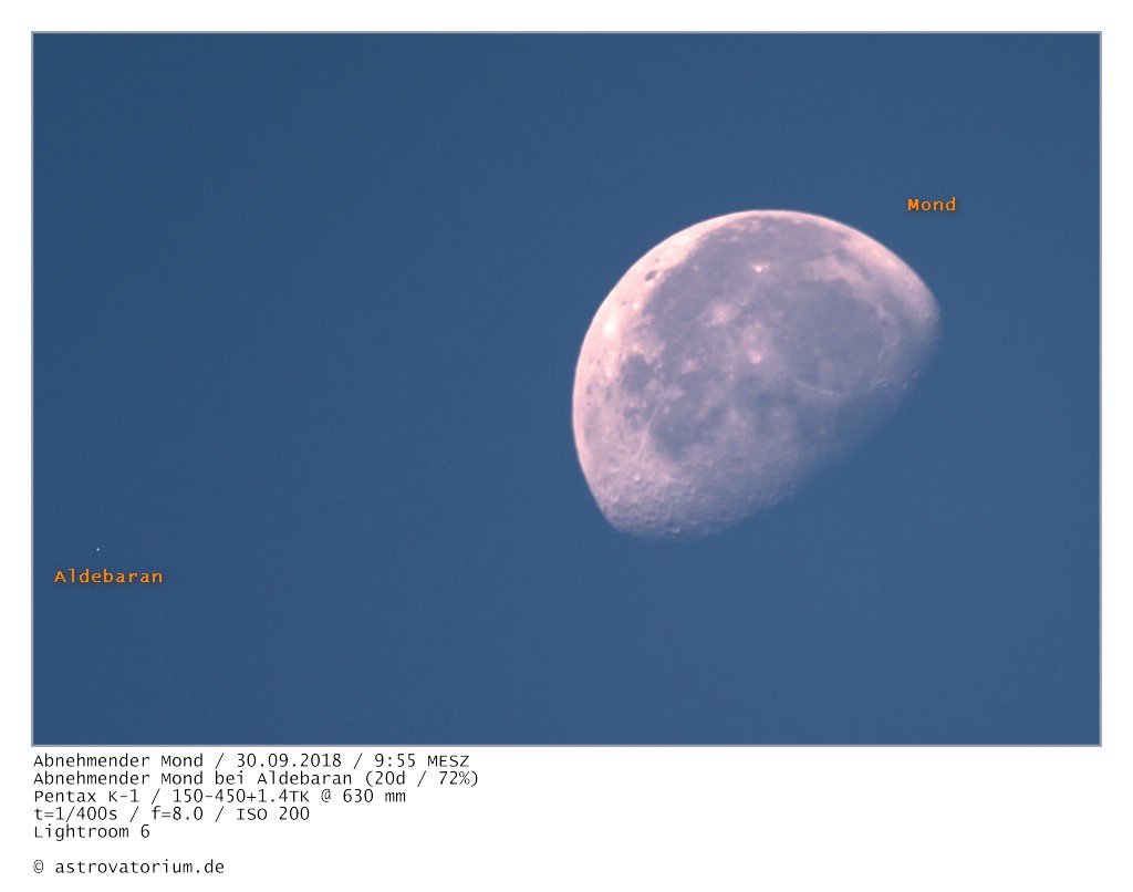Abnehmender Mond bei Aldebaran (Stier) (20d/72%) / 30.09.2018 » astrovatorium.de